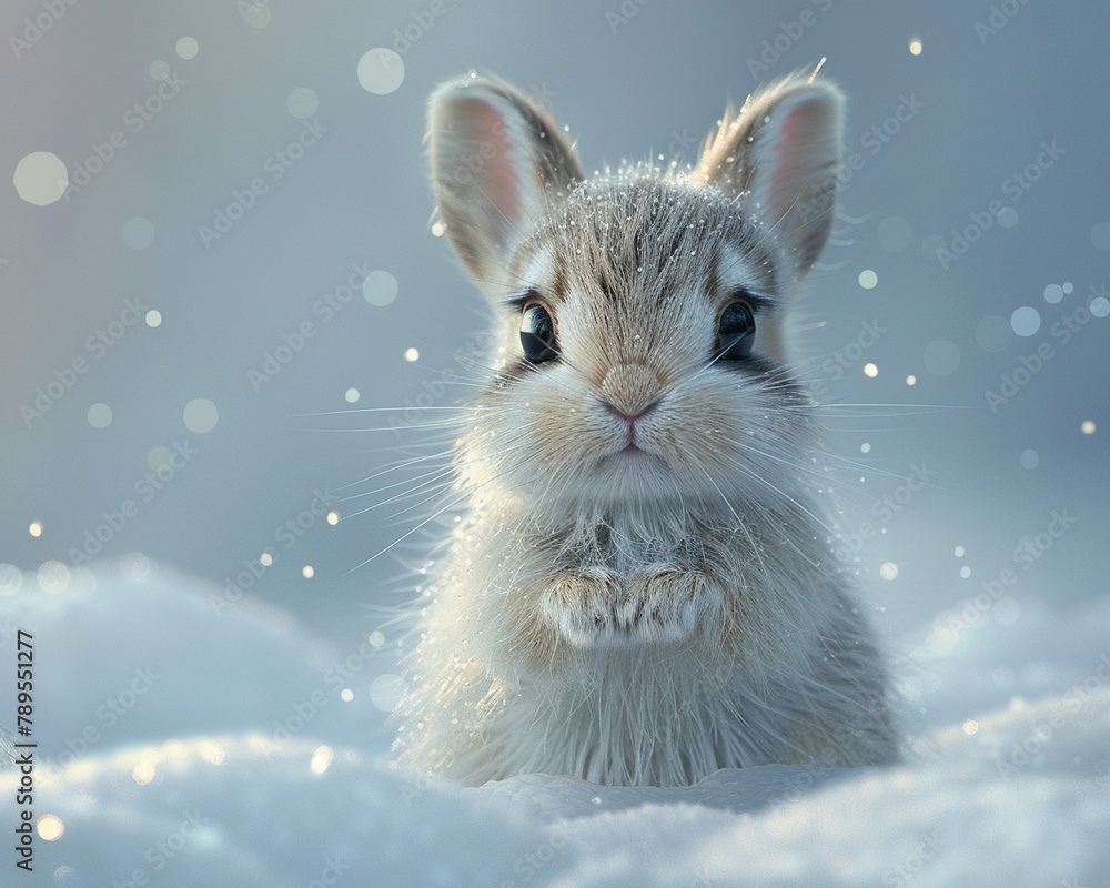 Cute Snowshoe Hare baby in snow, 3D render, hyper-realistic with fluffy ...