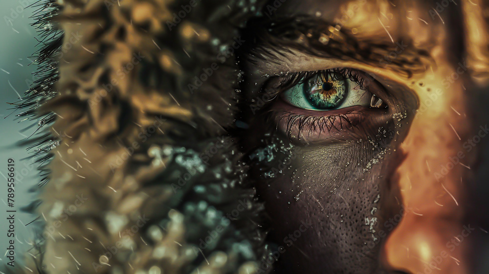 closeup image showcasing a rugged explorers determined gaze as they set ...