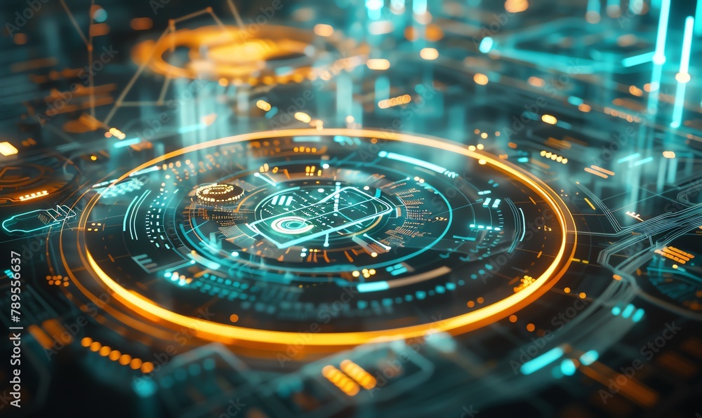 Craft a digital 3D rendering of a futuristic side view GIS interface ...