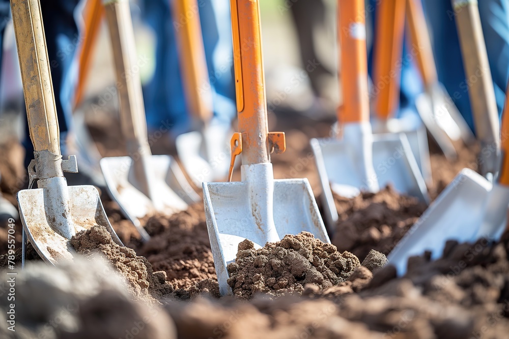 Group of shovels and hardhats striking the earth in unison at a ...