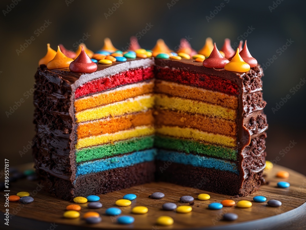 A multi-layered rainbow cake with chocolate frosting and rainbow ...