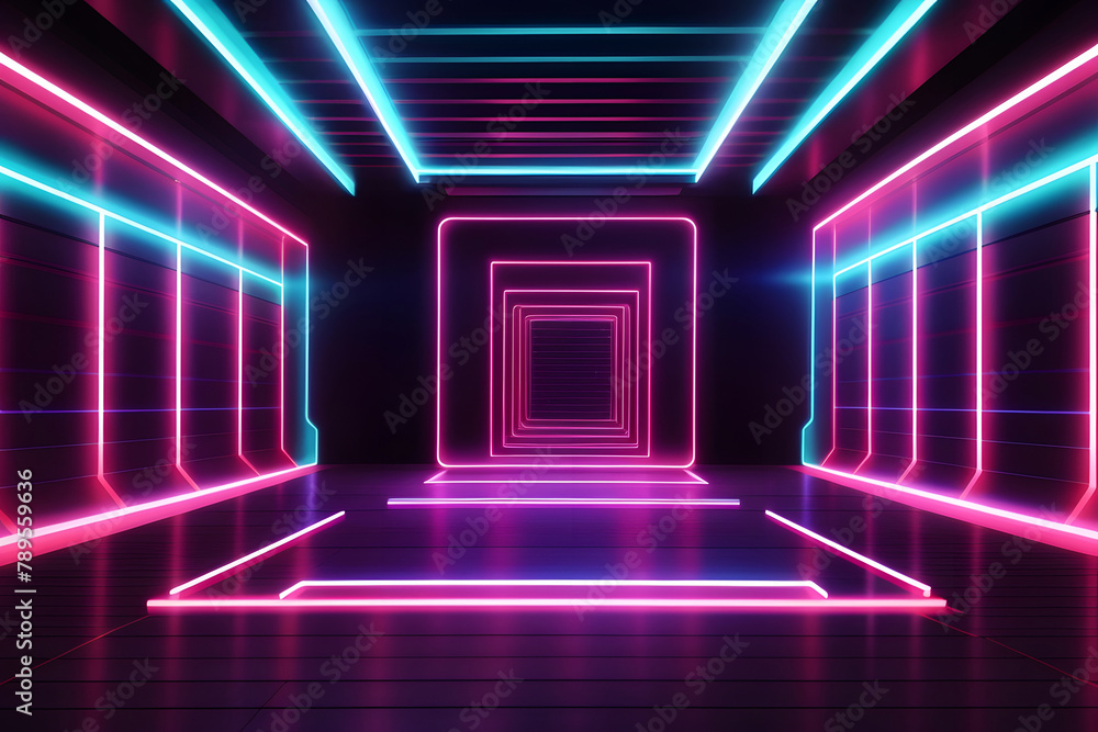 Abstract neon light geometric background. Glowing neon lines design ...