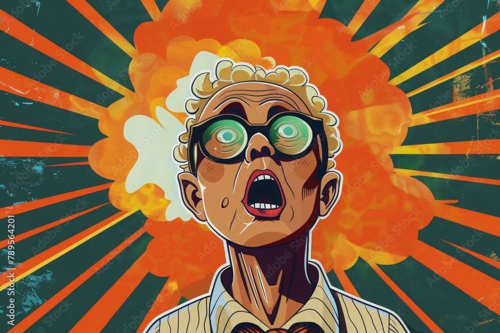 Cartoon illustration of an astonished scientist with an explosive ...