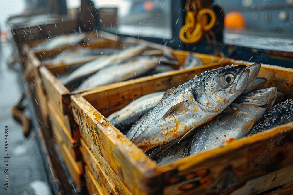 Fish in wooden crates caught in a rainy ambiance on a fishing boat ...