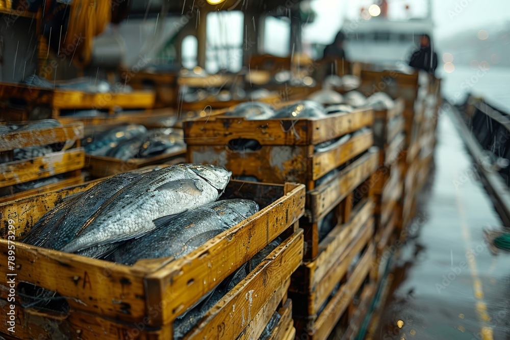 Fish in crates on a ship deck under rainfall, showing the wet ...