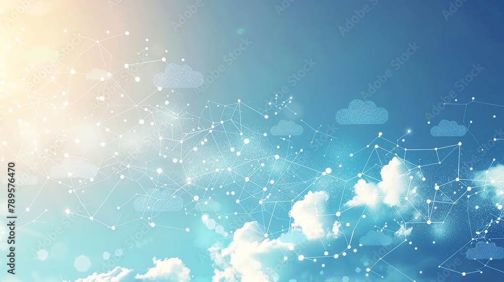 Ethereal cloud computing background with icons of clouds and network ...