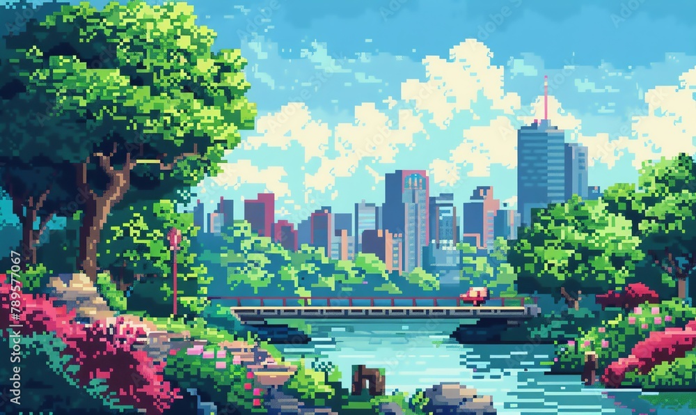Illustrate a pixel art representation of a nostalgic side view GIS ...