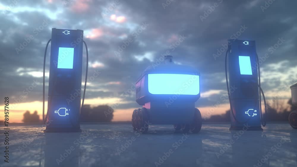 Autonomous delivery robots standing in rows in a city. Modern smart ...