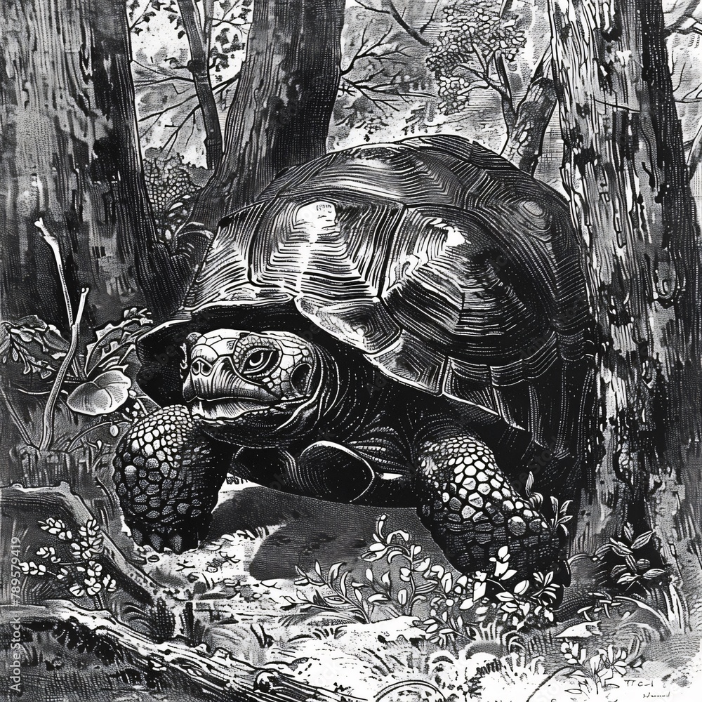 A wise old tortoise slowly makes its way through the undergrowth ...