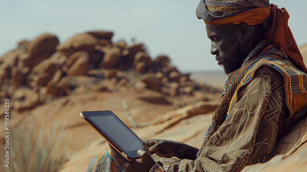 copy space, stockphoto, detailed photo, african nomad using a tablet. Male african nomad using ...