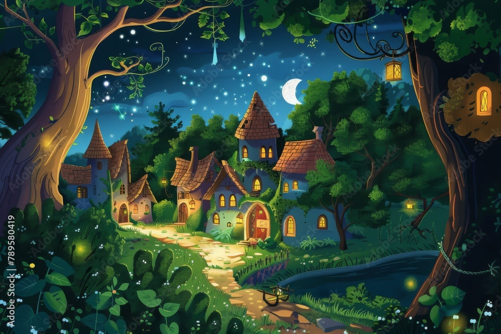 Nighttime in a magical cartoon village with cozy houses lit under a ...