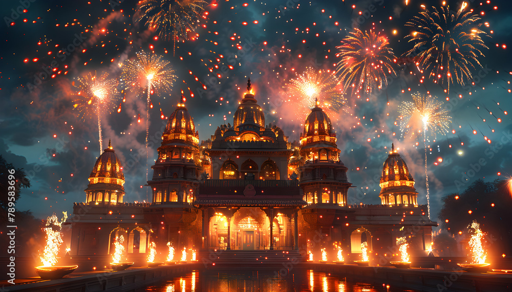 A vibrant depiction of fireworks illuminating the night sky above a ...