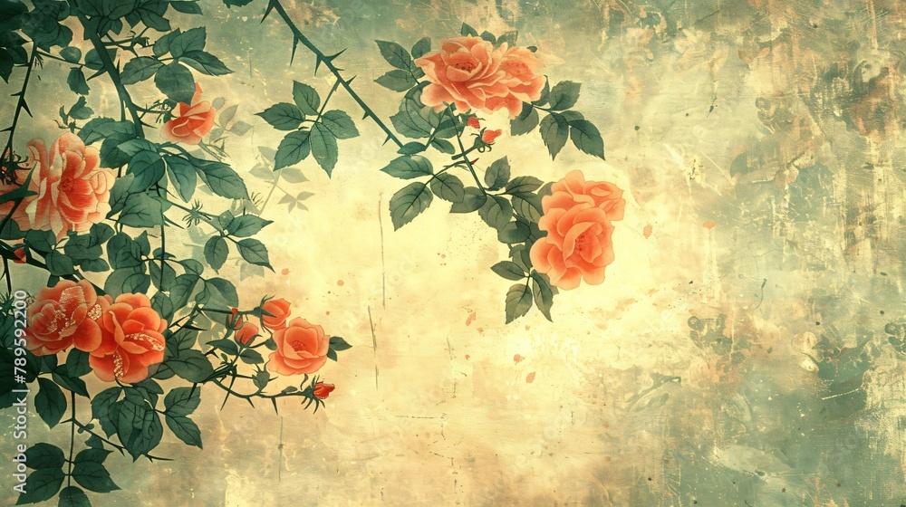 Classic wallpaper design with a thicket of brambles and wild roses ...