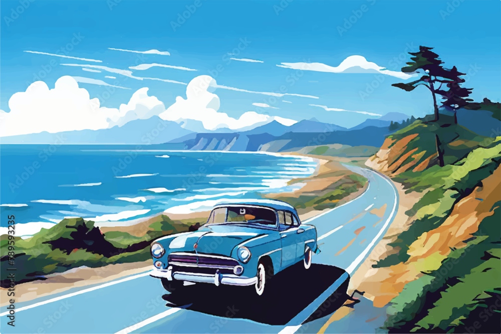 Summer road trip adventure, car driving along a scenic coastal highway ...