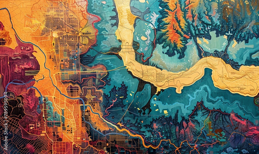 Produce a detailed oil painting of a striking side view GIS layout, featuring intricate city ...