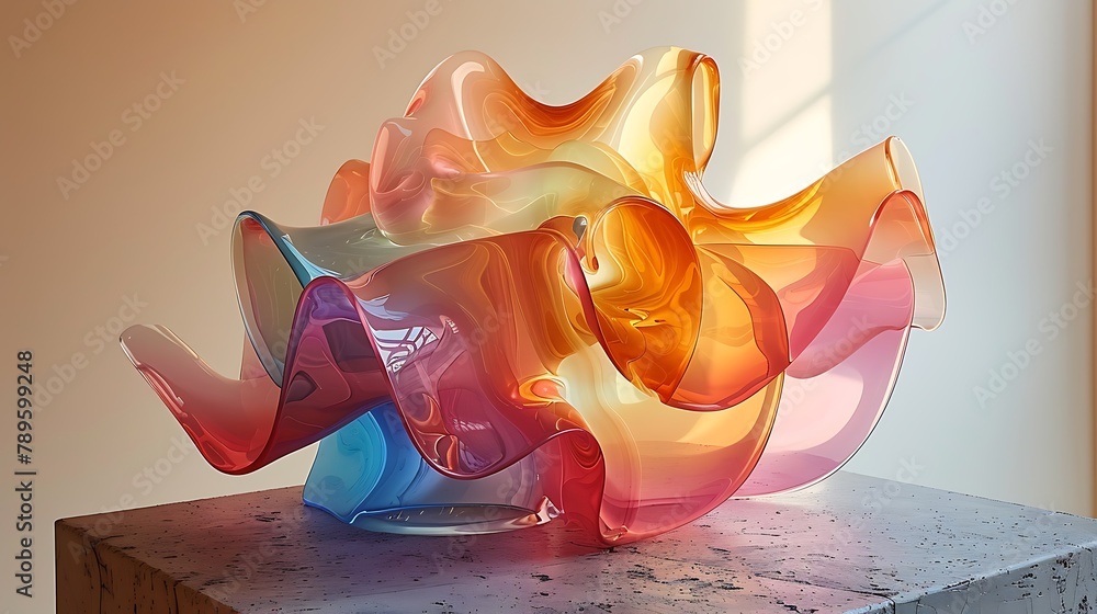 Abstract colorful glass sculpture displayed against a plain background ...