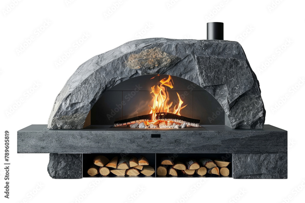 Rugged natural stone barbecue with roaring fire and log storage ...
