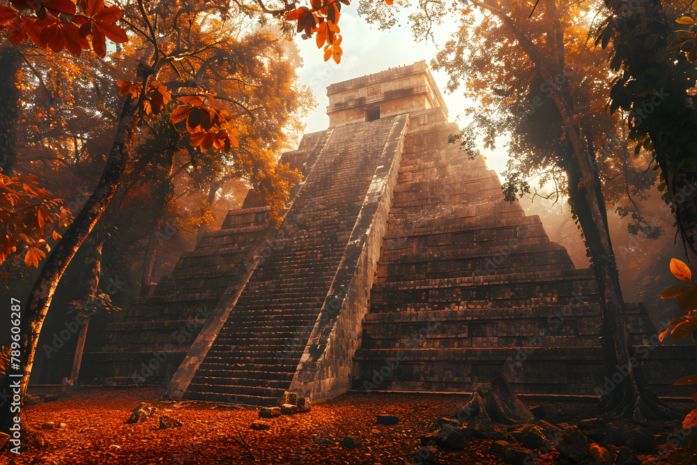 The image features the Mayan pyramid of Kukulcan in a jungle setting ...