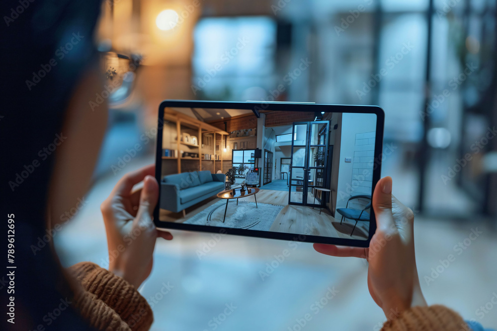 Experience 3D AR app on phone in futuristic living room. Holographic ...