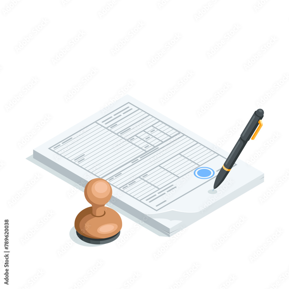 isometric vector stack of paper forms with stamp and pen, in color on a ...