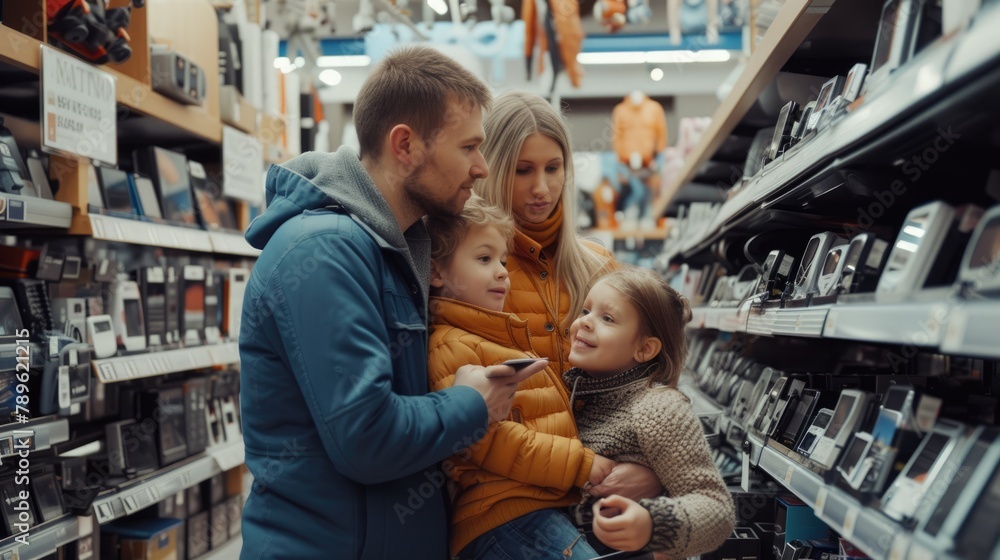 A family is exploring books at a library, having fun and browsing ...