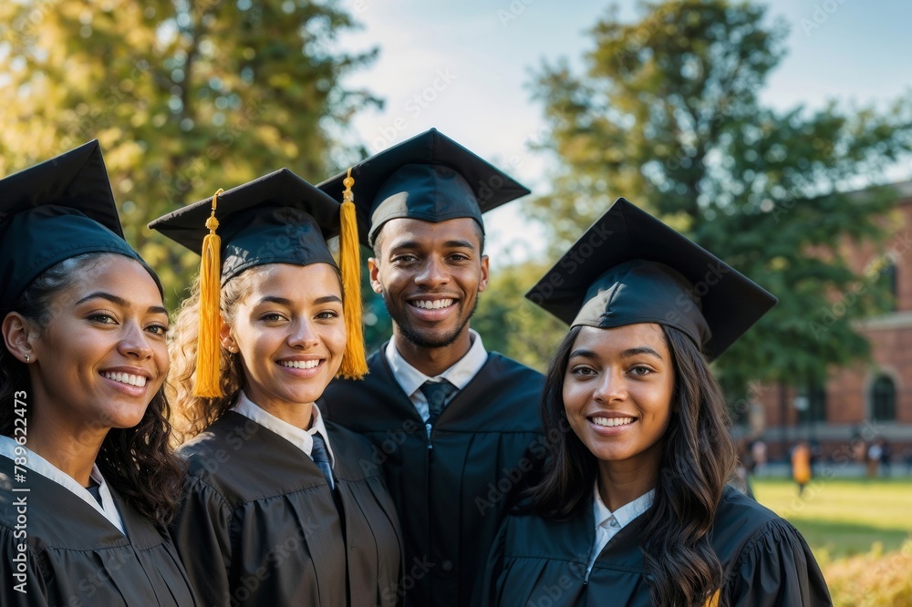 Group of four diverse college graduates in caps and gowns smiling at ...