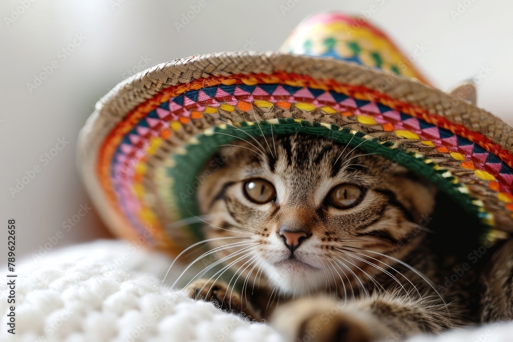 Festive mexican cat. Mexican cat in sombrero. Cat in sombrero. Mexican ...