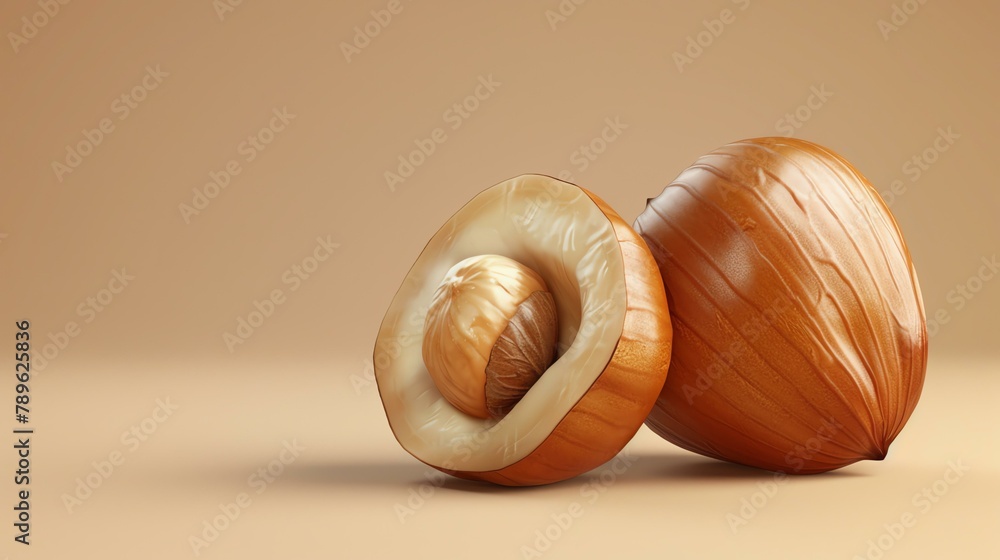 3D rendering of a hazelnut. The hazelnut is split in half, revealing ...