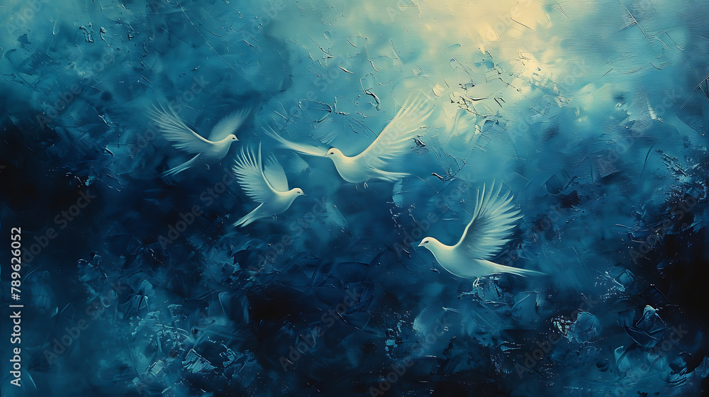 A brooding sky with white doves soaring. Atmospheric contrast evoking ...