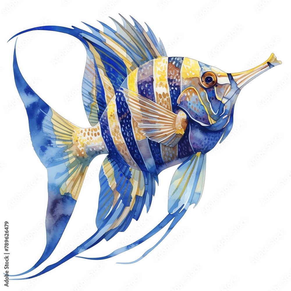 A detailed watercolor of a Common Bluestar fish, deceptive beauty with ...