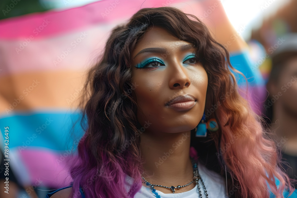 Individual with transgender flag at a pride event, symbolizing LGBTQ ...