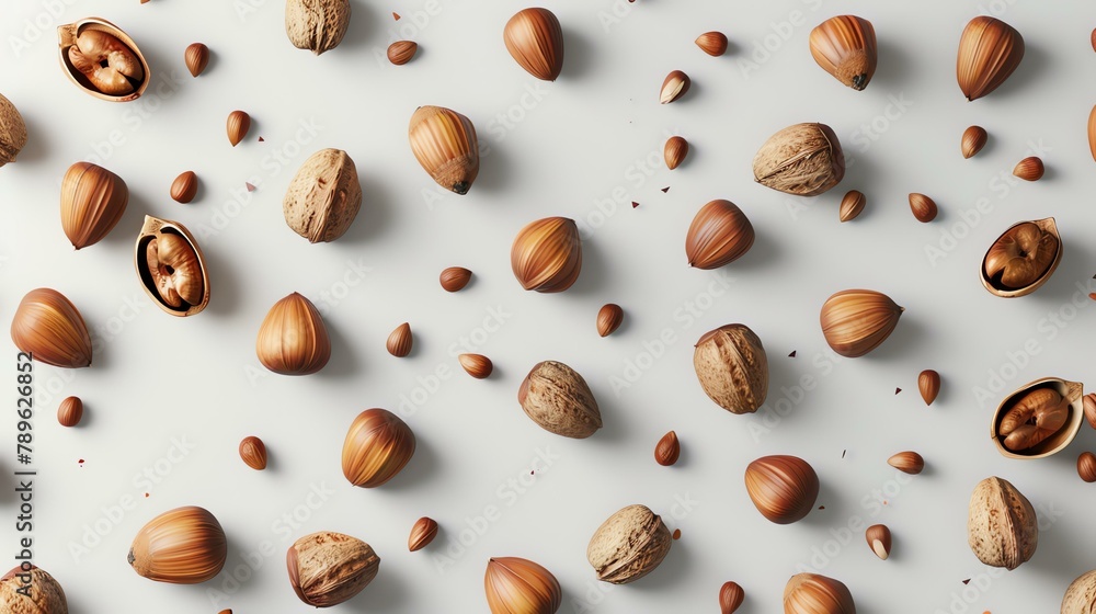 Top view of a variety of nuts. The nuts are arranged in a random ...