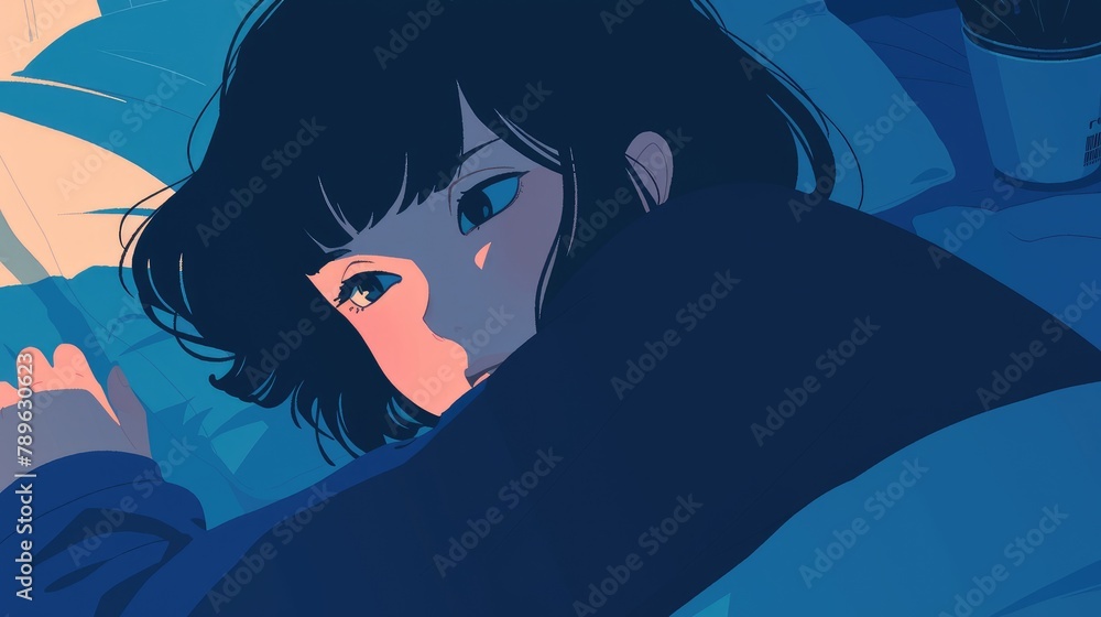 A restless young woman grapples with insomnia as she lies in bed her ...