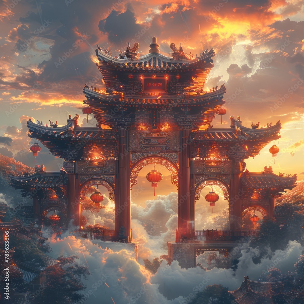 Traditional Chinese Mythological Dragon Gate and Heavenly Palace Stock ...
