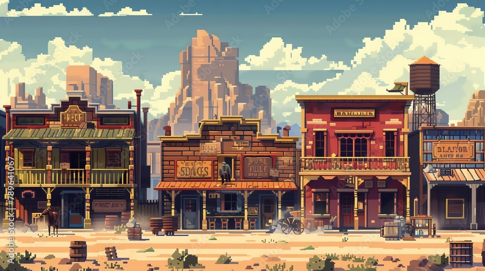 Pixelated wild west town, cowboys, saloons, and dusty streets Stock ...