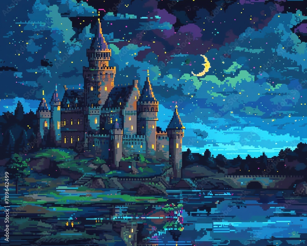 Pixel art castle at night under a starry sky, moat with a tiny pixel ...