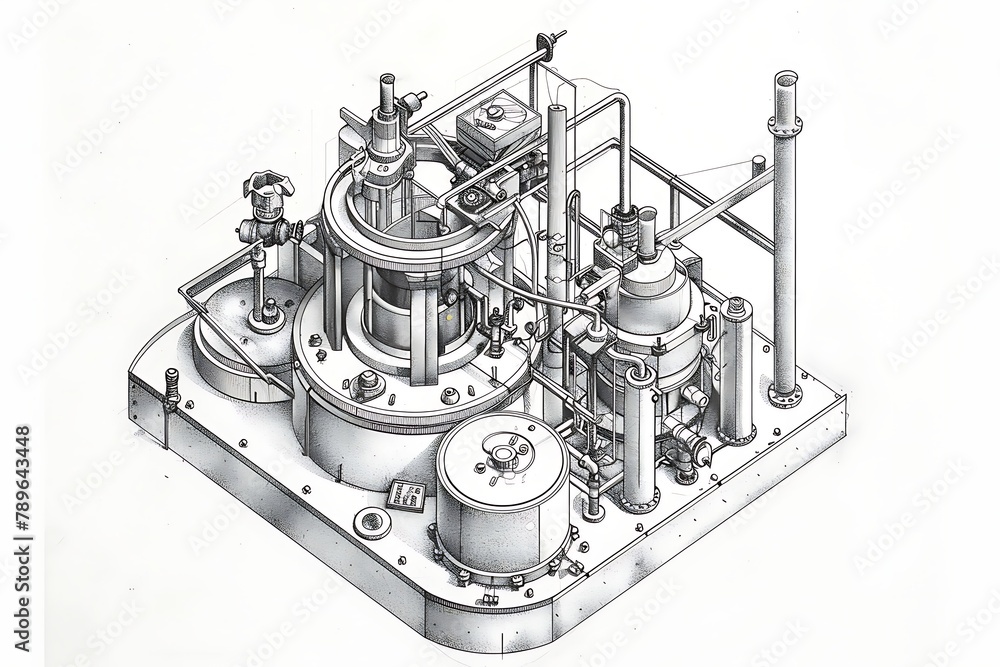 Drawing of a device. Black and white drawing of a mechanical device in ...