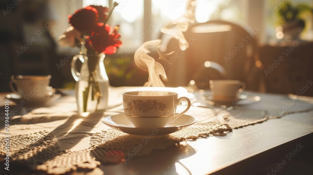 Steaming cup of tea on a lace tablecloth with morning sunlight. Cozy ...