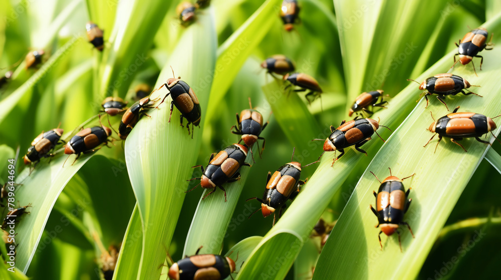 Infestation of beetles on young corn plants, illustrating the severe ...