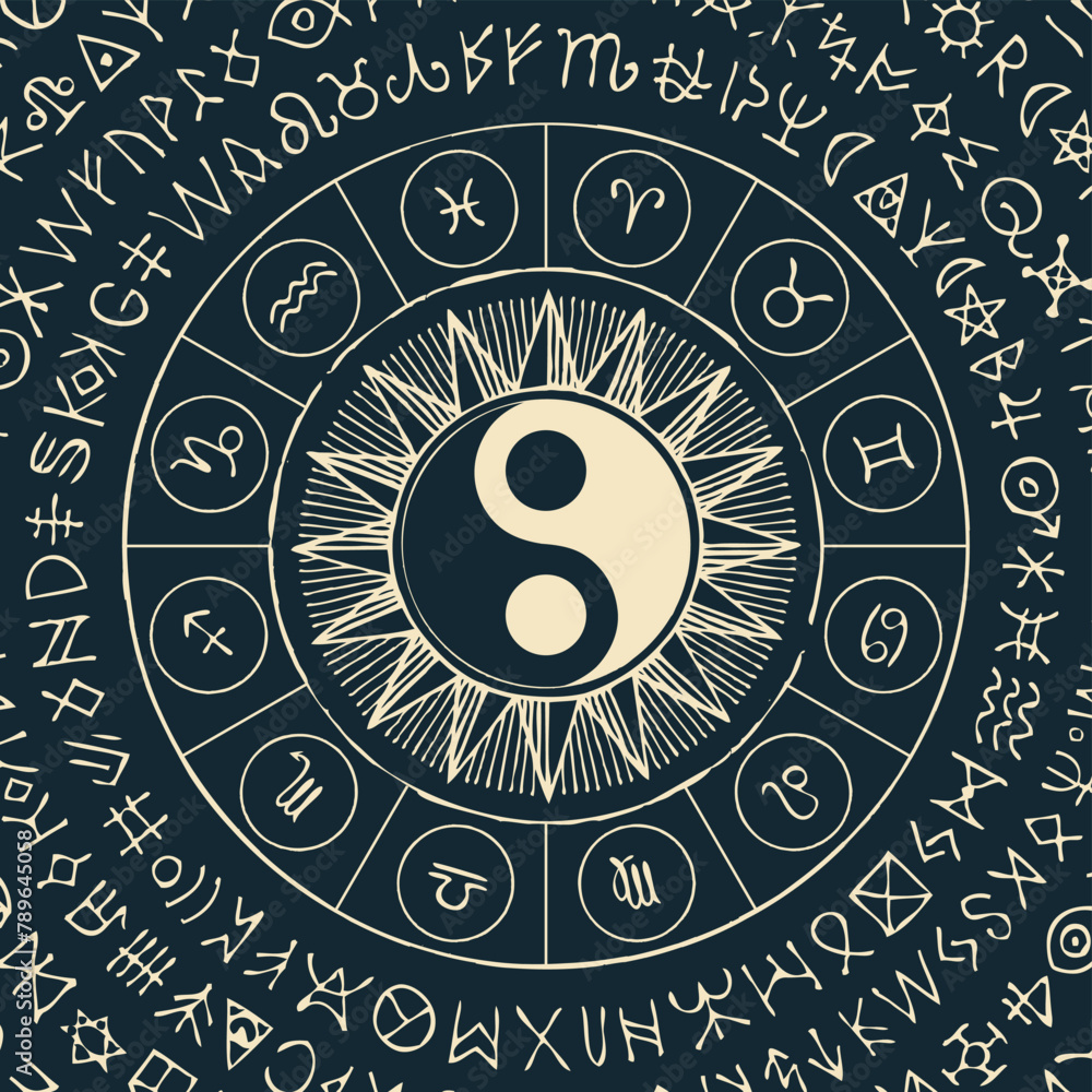 Vector circle of Zodiac signs with hand-drawn yin yang oriental symbol ...
