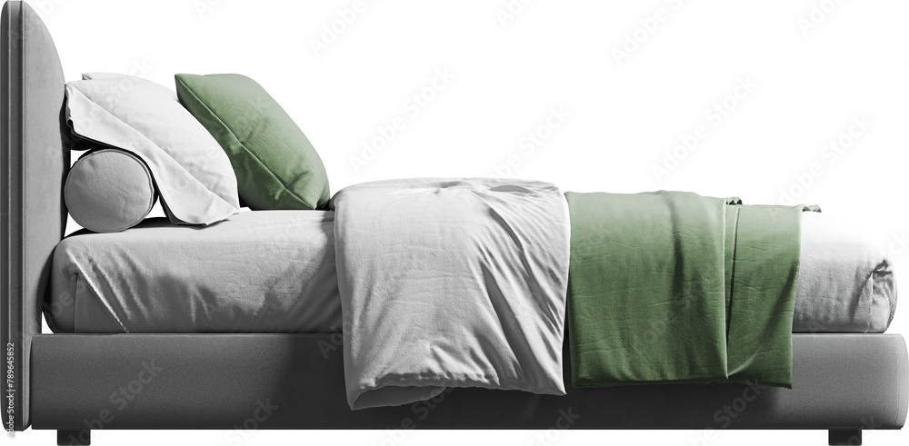 ภาพประกอบสต็อก Side view of double bed with headboard and blanket ภาพ ...