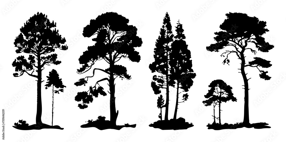 Vetor de Pine tree silhouette, Minimal style, Side view, set of ...