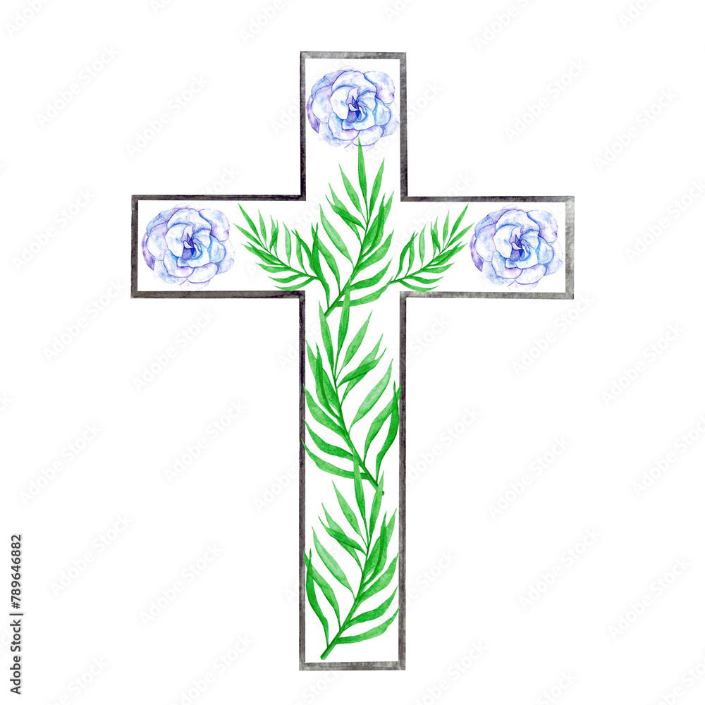 Catholic cross with blue flowers and green leaves. Watercolor ...