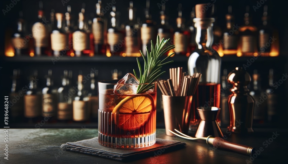 Aromatic Negroni with a sprig of rosemary, highlighting the herbal ...