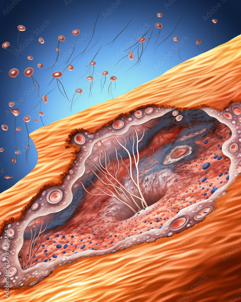 Scientific illustration showing a crosssection of skin with Demodex ...