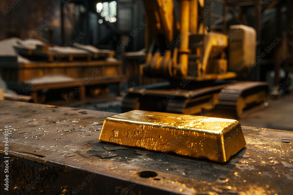Stacks of various gold bars, in the background tools of a gold mine ...