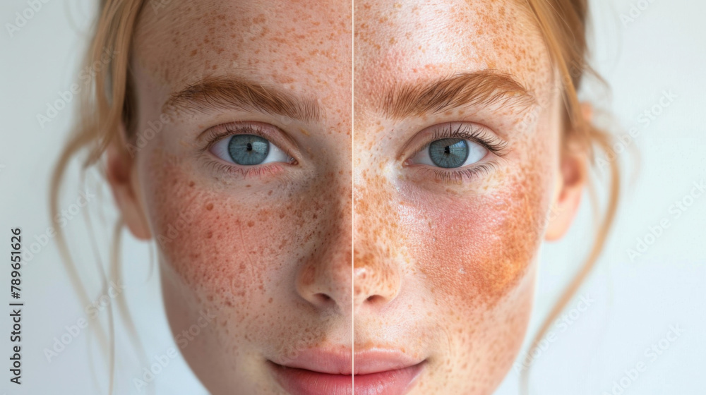 Woman, eyes and portrait with freckles in skincare pigmentation or spot ...