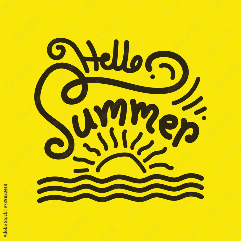 Hello Summer hand drawn lettering with sun and sea wave vector ...