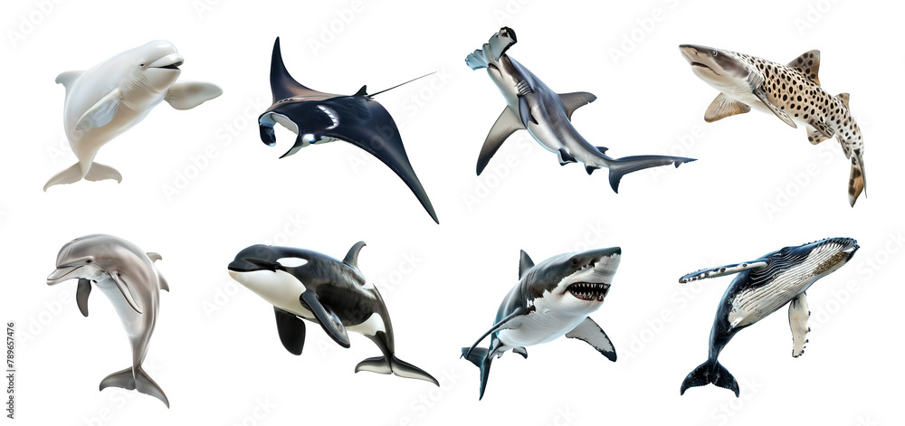 Set of marine animals isolated on transparent background. Hammerhead ...