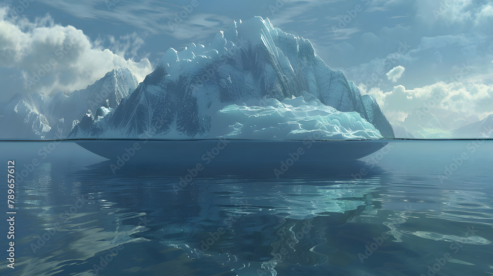 A massive iceberg floating in the ocean. with most of its surface ...